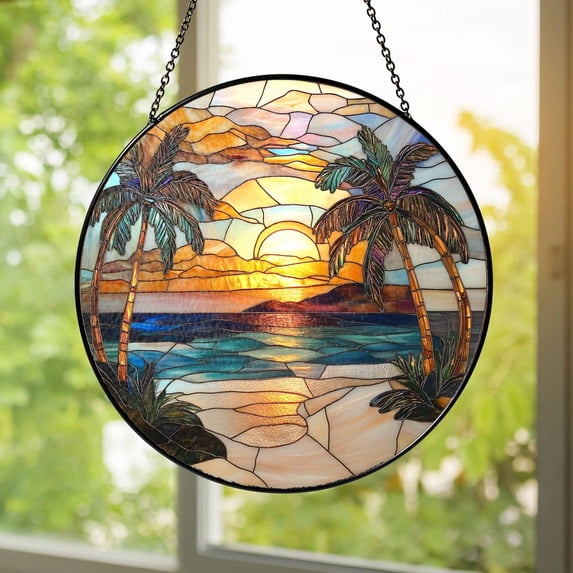 BLESSING DECOR Tropical Sunset Glass Suncatcher, Palm Tree Beach Window ...