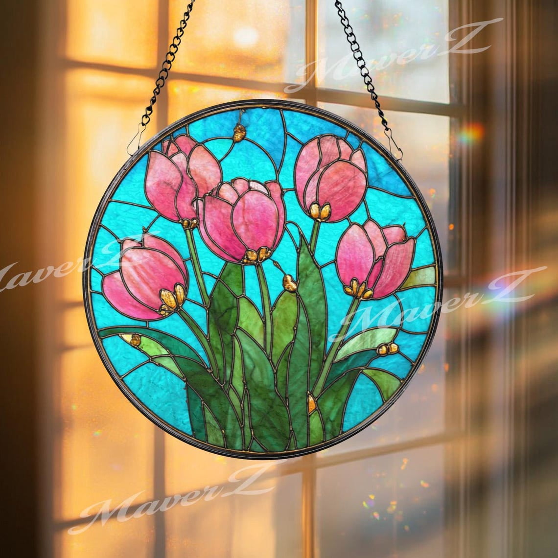 BLESSING DECOR Tulip Glass Suncatcher, Round Floral Window Panel, Pink ...