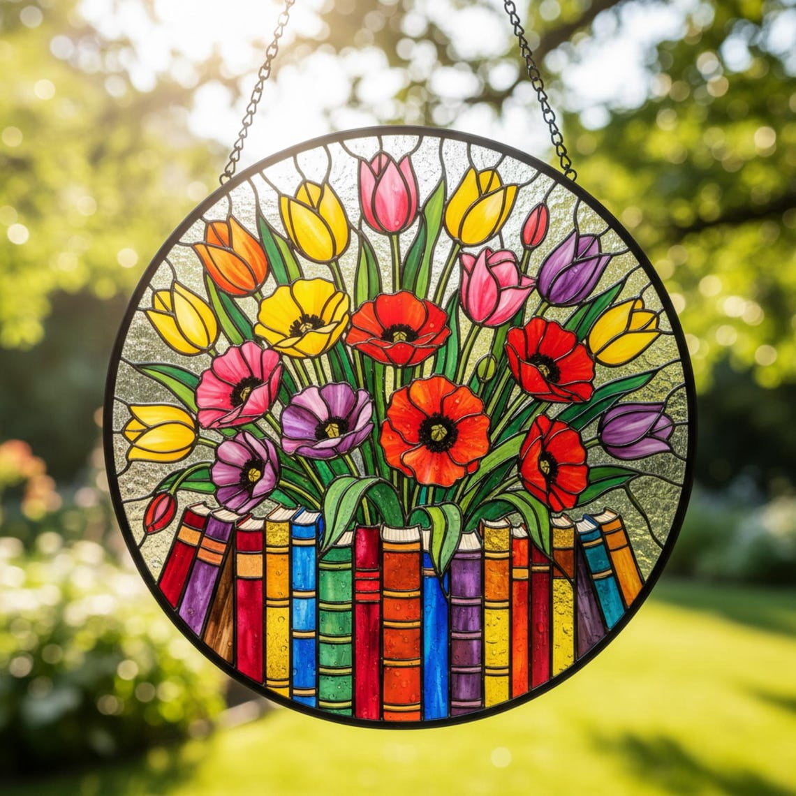 BLESSING DECOR Tulips and Poppies Book Stack Glass Suncatcher, Colorful ...
