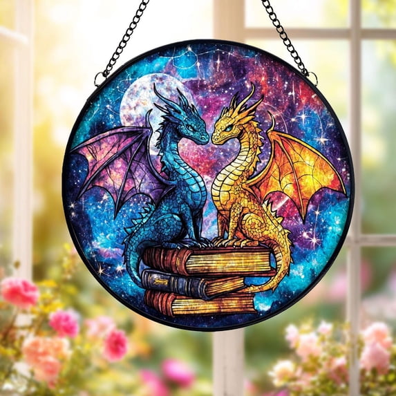 BLESSING DECOR Twin Dragons Glass Suncatcher, Fantasy Dragon Art Window ...
