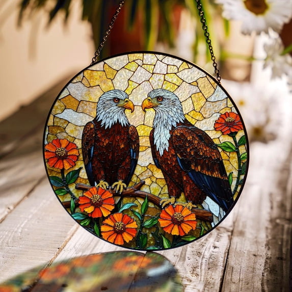 BLESSING DECOR Two Bald Eagles and Zinnias Glass Suncatcher, Eagle ...