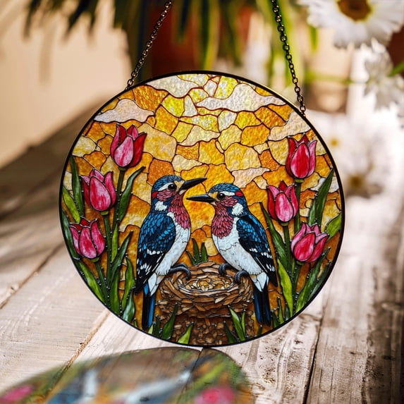 BLESSING DECOR Two Birds and Tulips Glass Suncatcher, Colorful Window ...