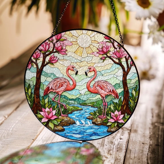 BLESSING DECOR Two Flamingos by River Glass Suncatcher, Window Hanging ...