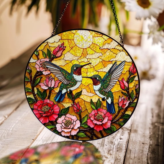 BLESSING DECOR Two Hummingbirds Flying in Flowers Glass Suncatcher, for ...