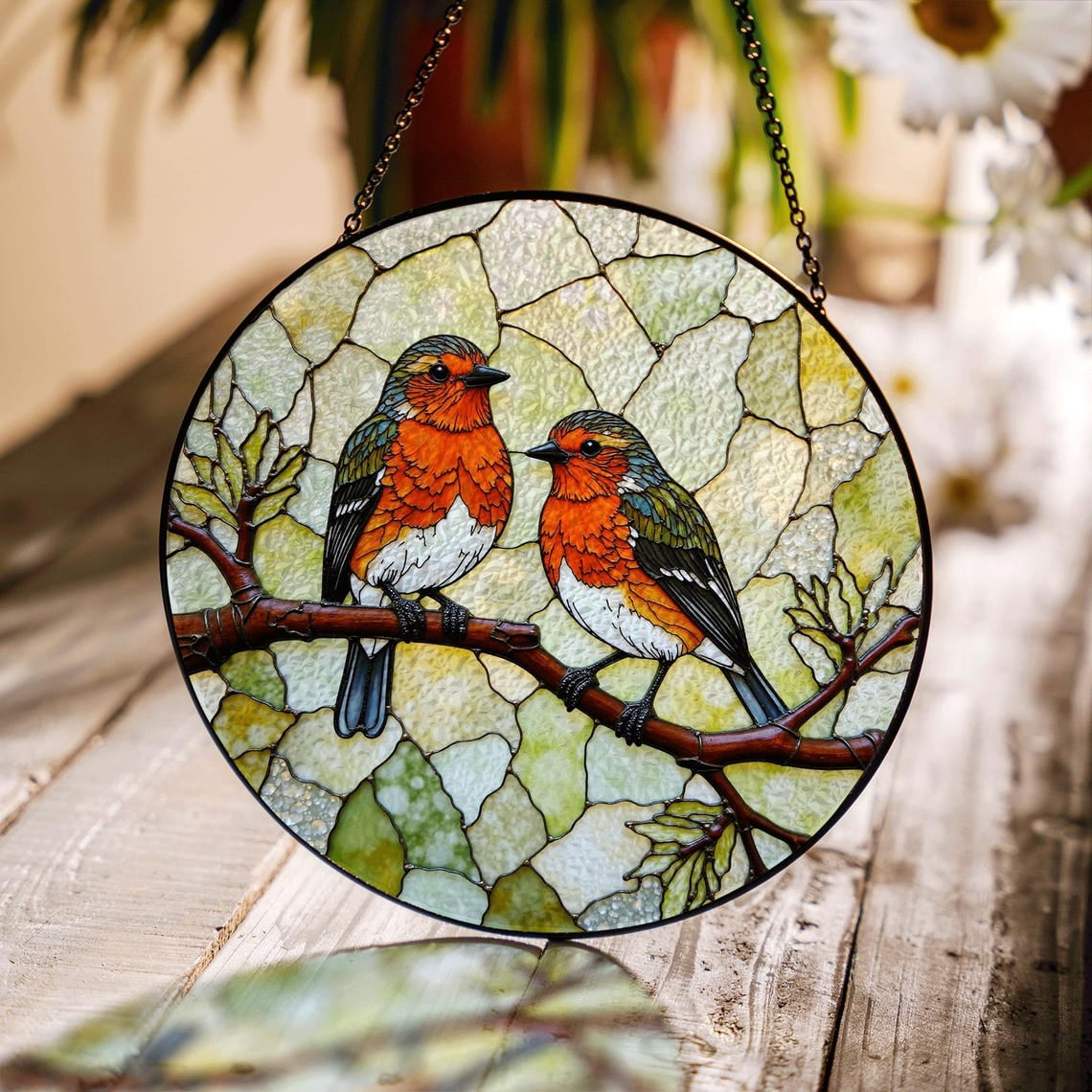 BLESSING DECOR Two Red Robins on Branch Glass Suncatcher, Round Window ...