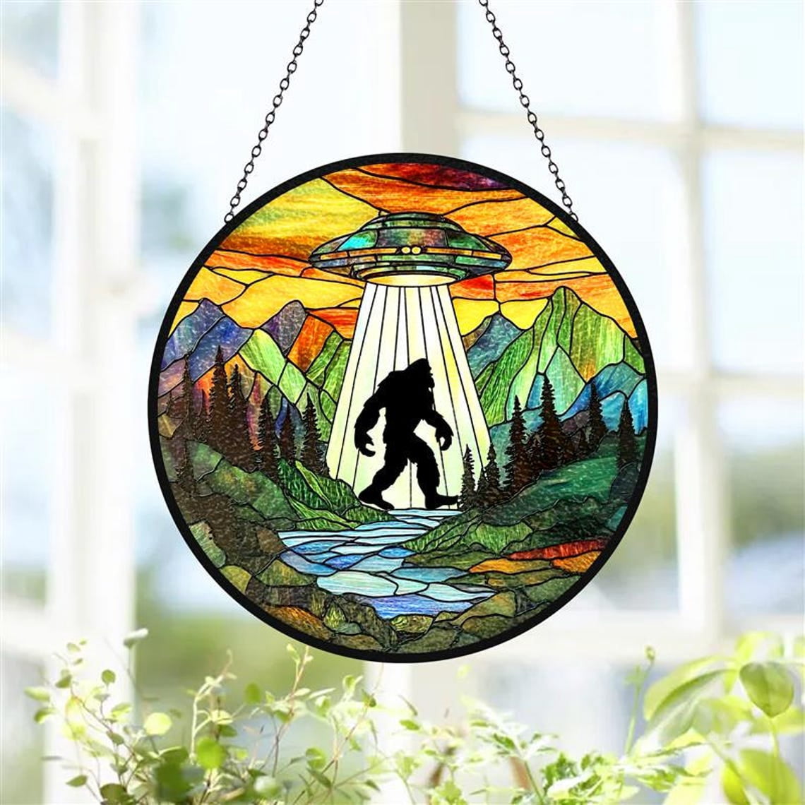 BLESSING DECOR UFO Abduction Bigfoot Glass Suncatcher, Funny Window ...