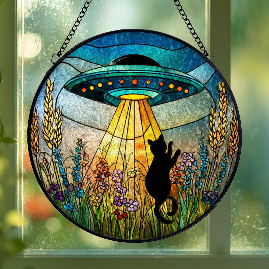 BLESSING DECOR UFO Cat Glass Suncatcher v2, Alien Abduction Feline Art ...
