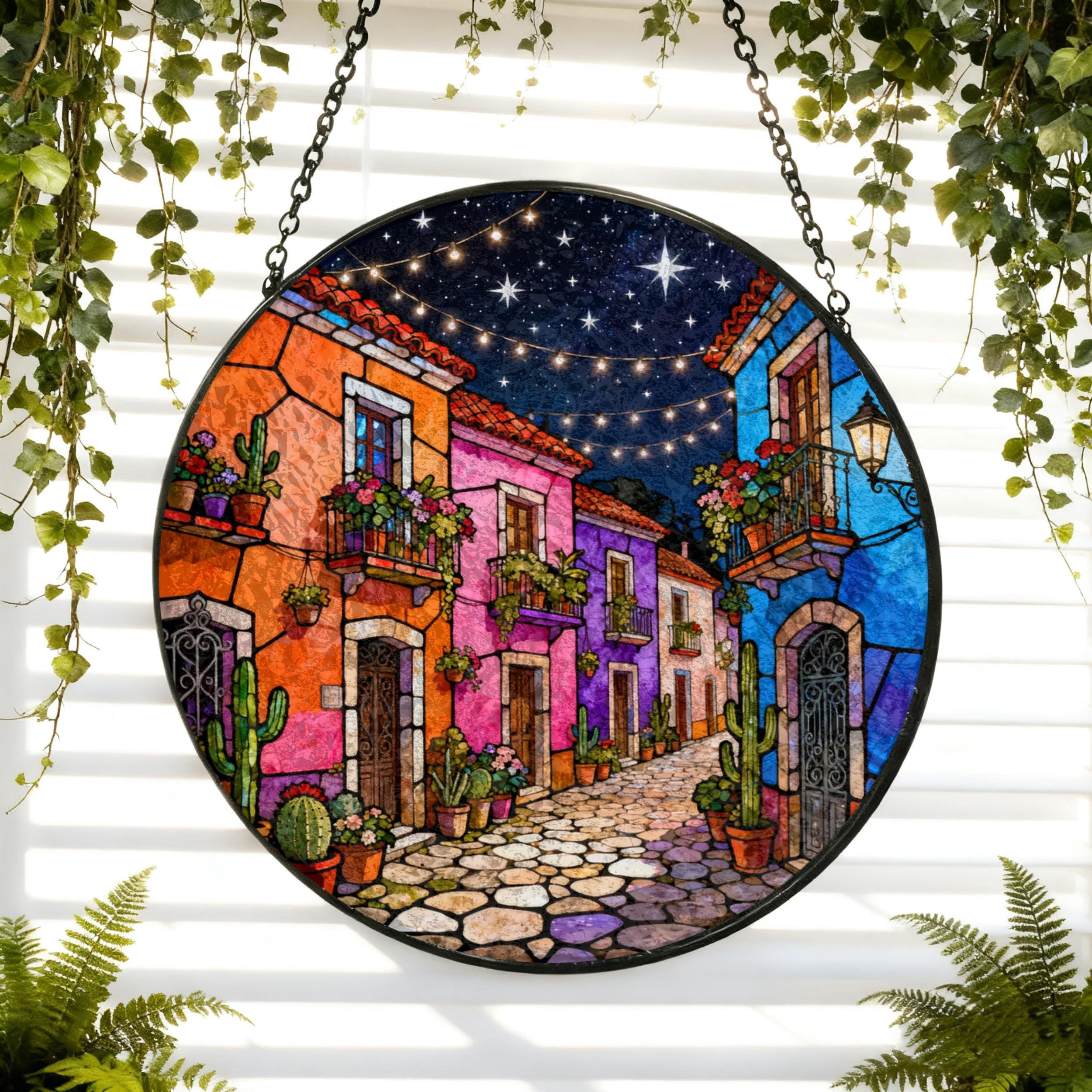 BLESSING DECOR Vibrant Colorful Town Street Stained Glass Suncatcher ...