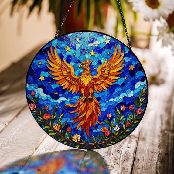 BLESSING DECOR Vibrant Phoenix Rising Glass Suncatcher v9, Spiritual ...