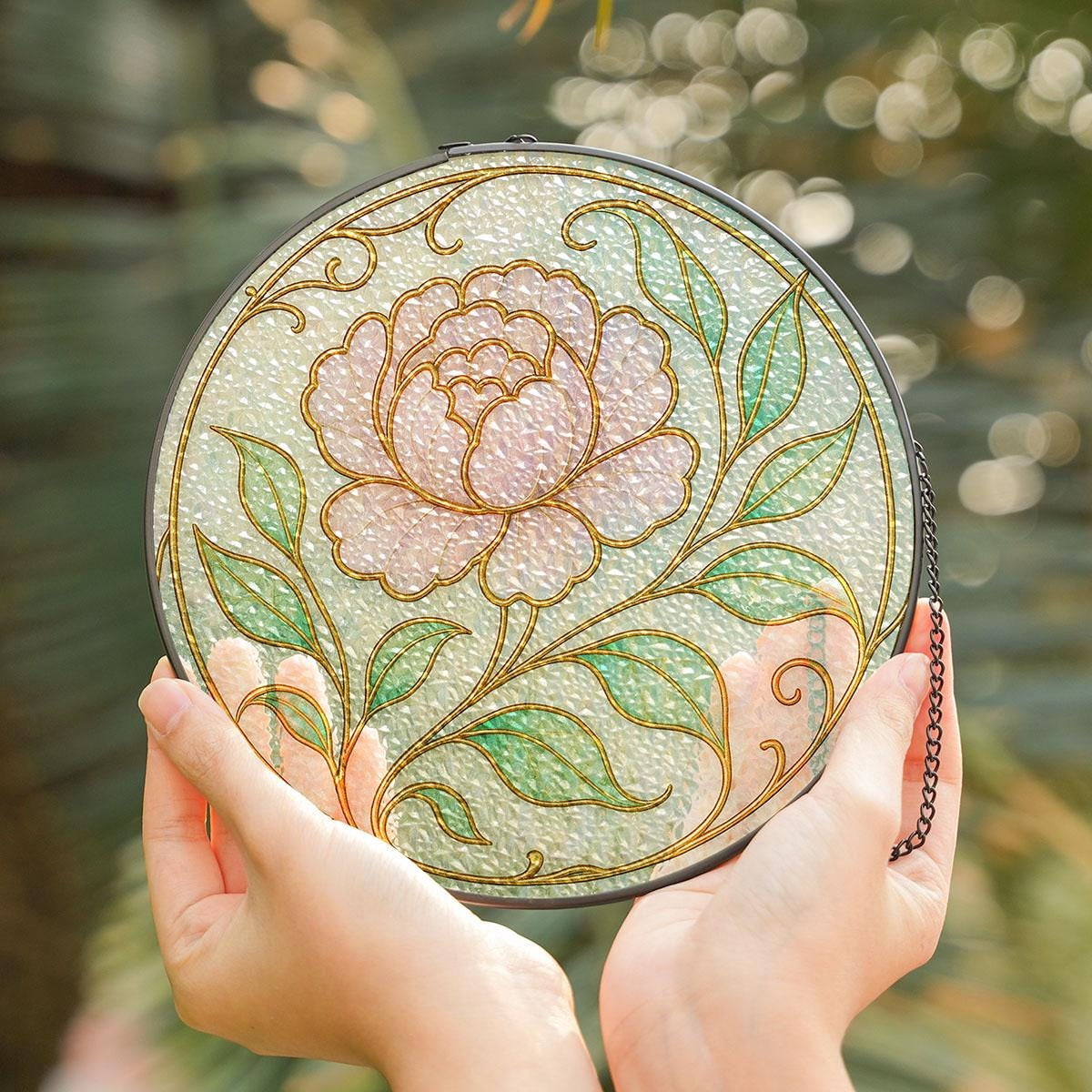 BLESSING DECOR Vintage Floral Stained Glass Suncatcher Round Window ...