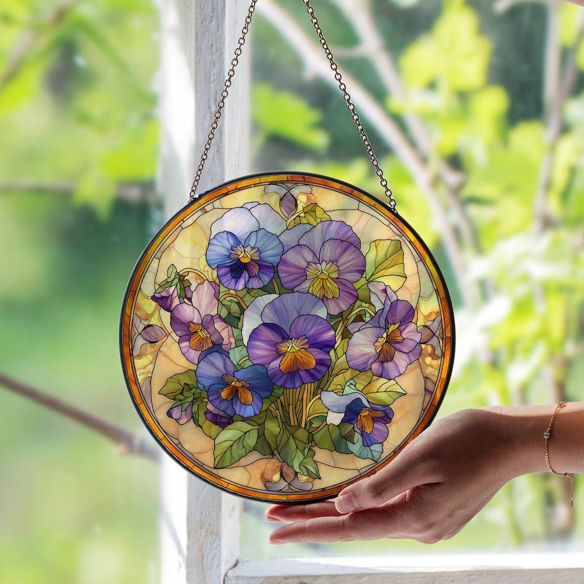BLESSING DECOR Violet Pansies Glass Suncatcher, Elegant Floral Window ...