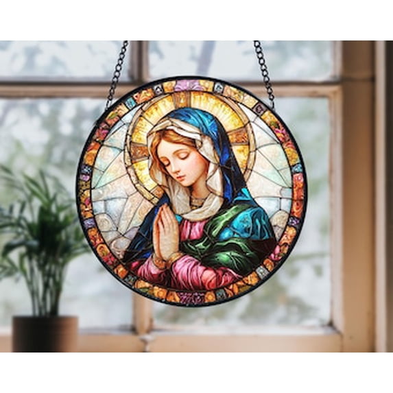 BLESSING DECOR Virgin Mary Stained Glass Suncatcher: Religious Home ...