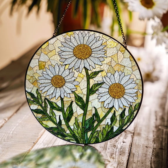 BLESSING DECOR White Daisies in Full Bloom Glass Suncatcher, Nature ...