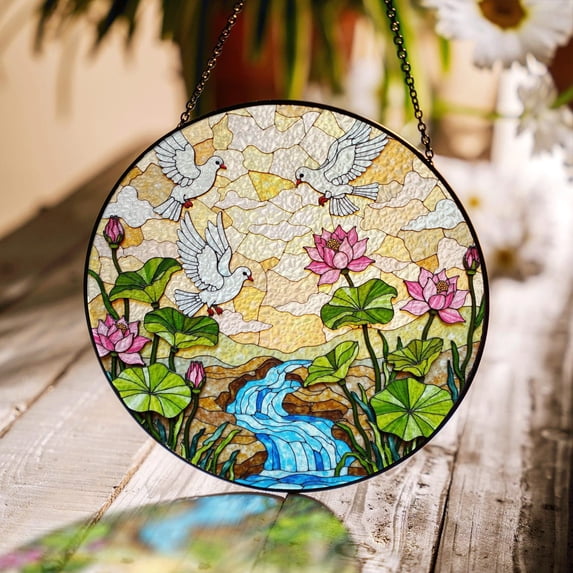 BLESSING DECOR White Doves Pink Lotus River Glass Suncatcher, Nature ...