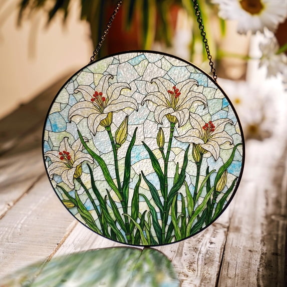 BLESSING DECOR White Lily Bloom Panel Glass Suncatcher, Floral Decor ...
