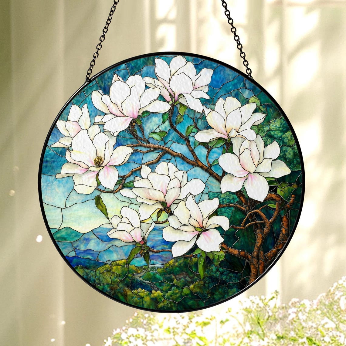 BLESSING DECOR White Magnolia Glass Suncatcher v8, Spring Floral Window ...