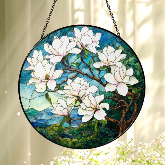 BLESSING DECOR White Magnolia Glass Suncatcher v8, Spring Floral Window ...