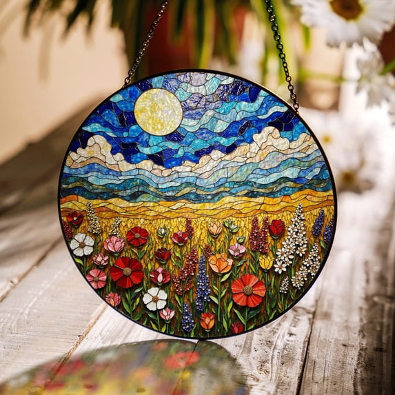 BLESSING DECOR Wildflower Meadow Field Glass Suncatcher, Round Home ...