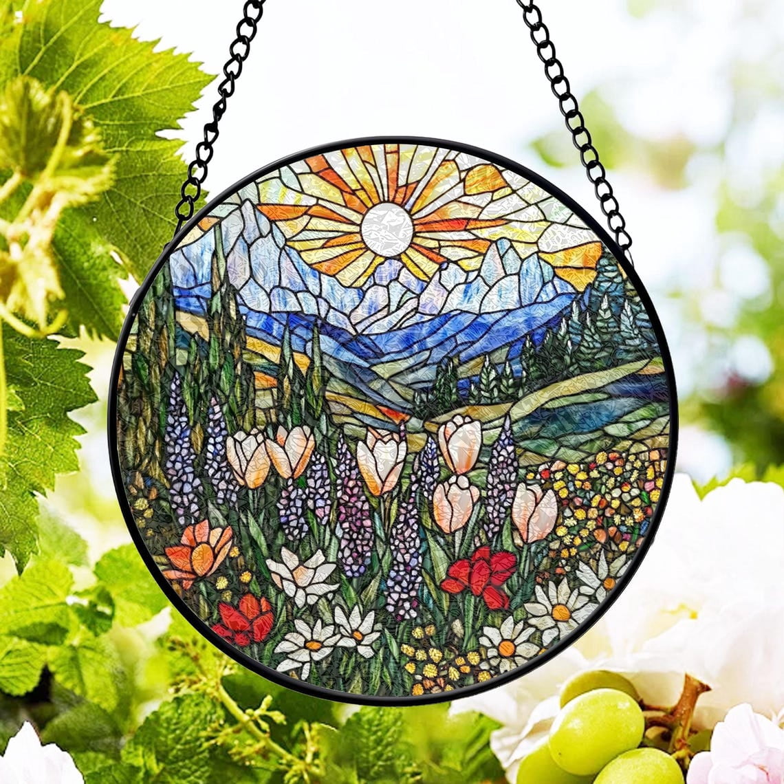 BLESSING DECOR Wildflower Valley Sunrise Glass Suncatcher, Circular ...
