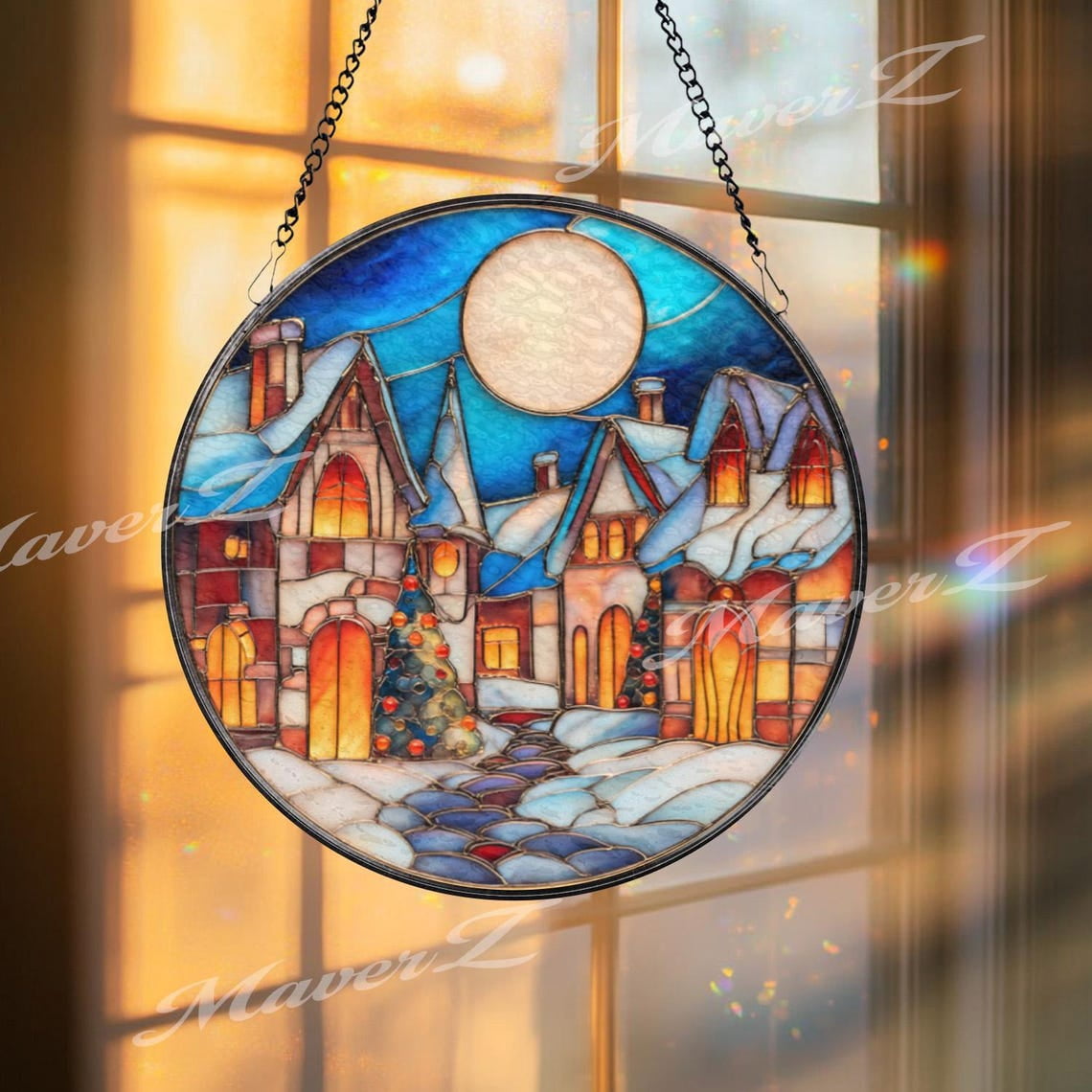 BLESSING DECOR Winter Village Glass Suncatcher, Round Christmas Window ...