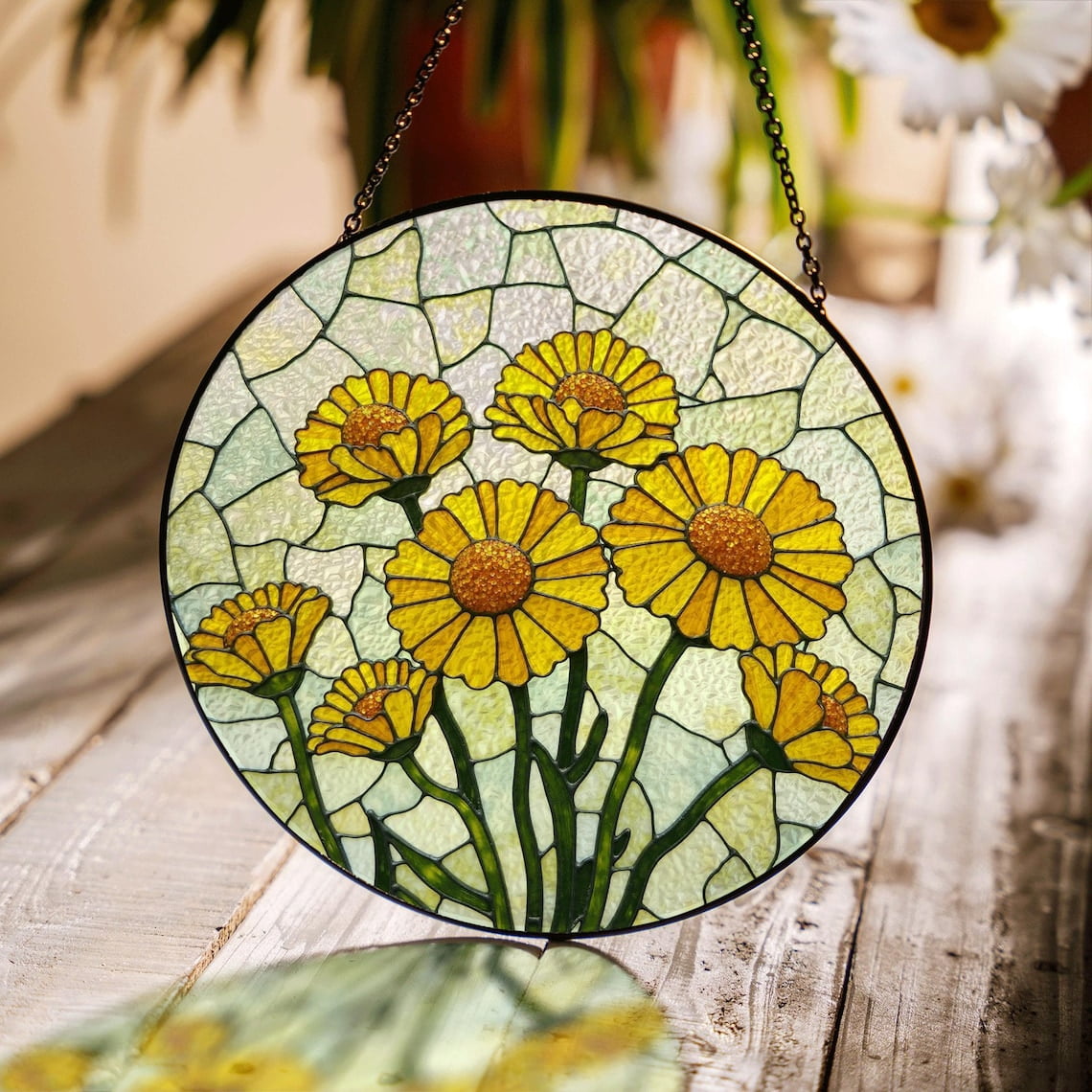 BLESSING DECOR Yellow Daisy Bloom Glass Suncatcher, Round Window, for ...