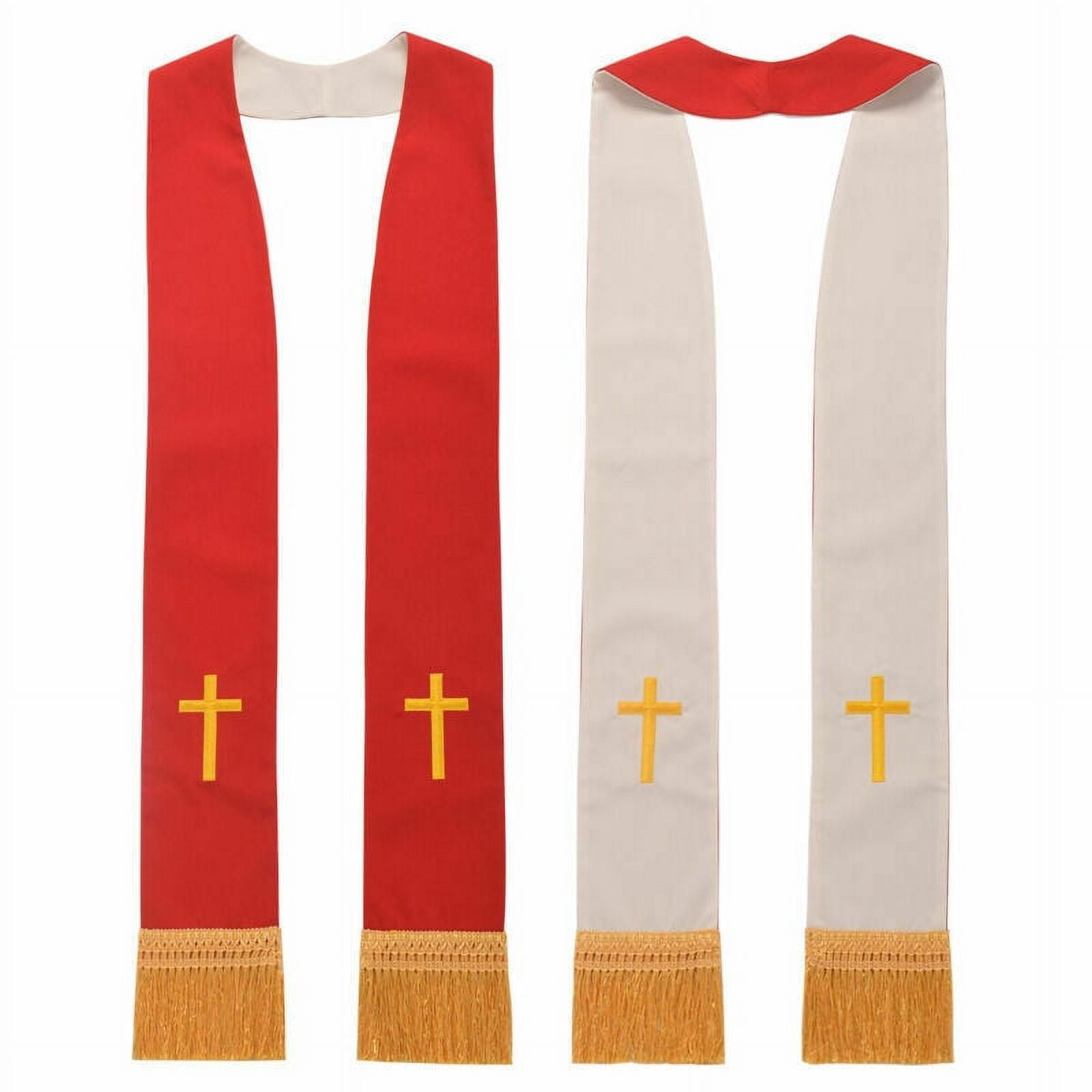 BLESSUME Church pastor Red / White Reversible Stole Gold Cross Tasseled ...