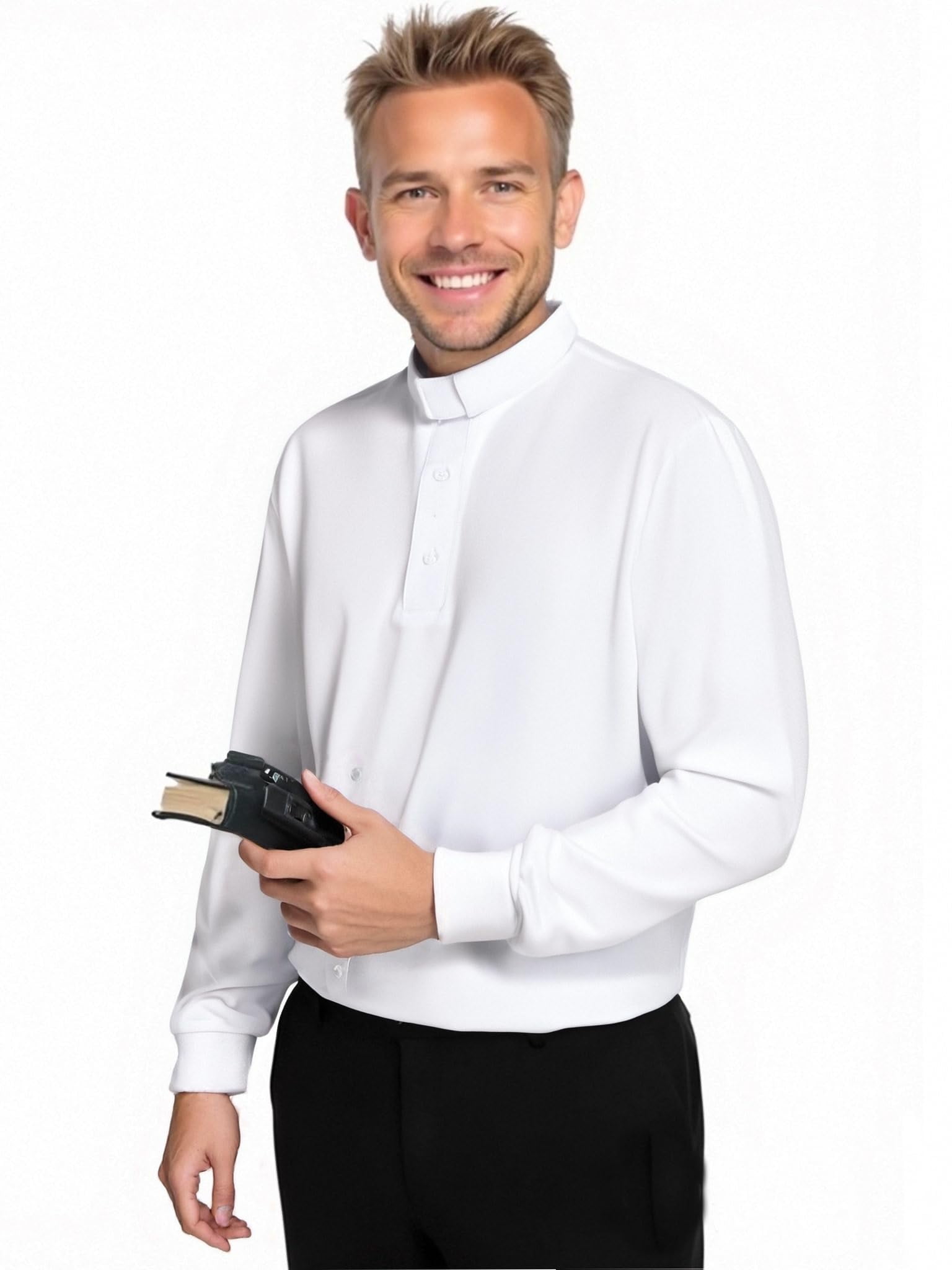 BLESSUME Men's Clergy Tab Collar Polo Shirt Long Sleeve Pastor Minister ...