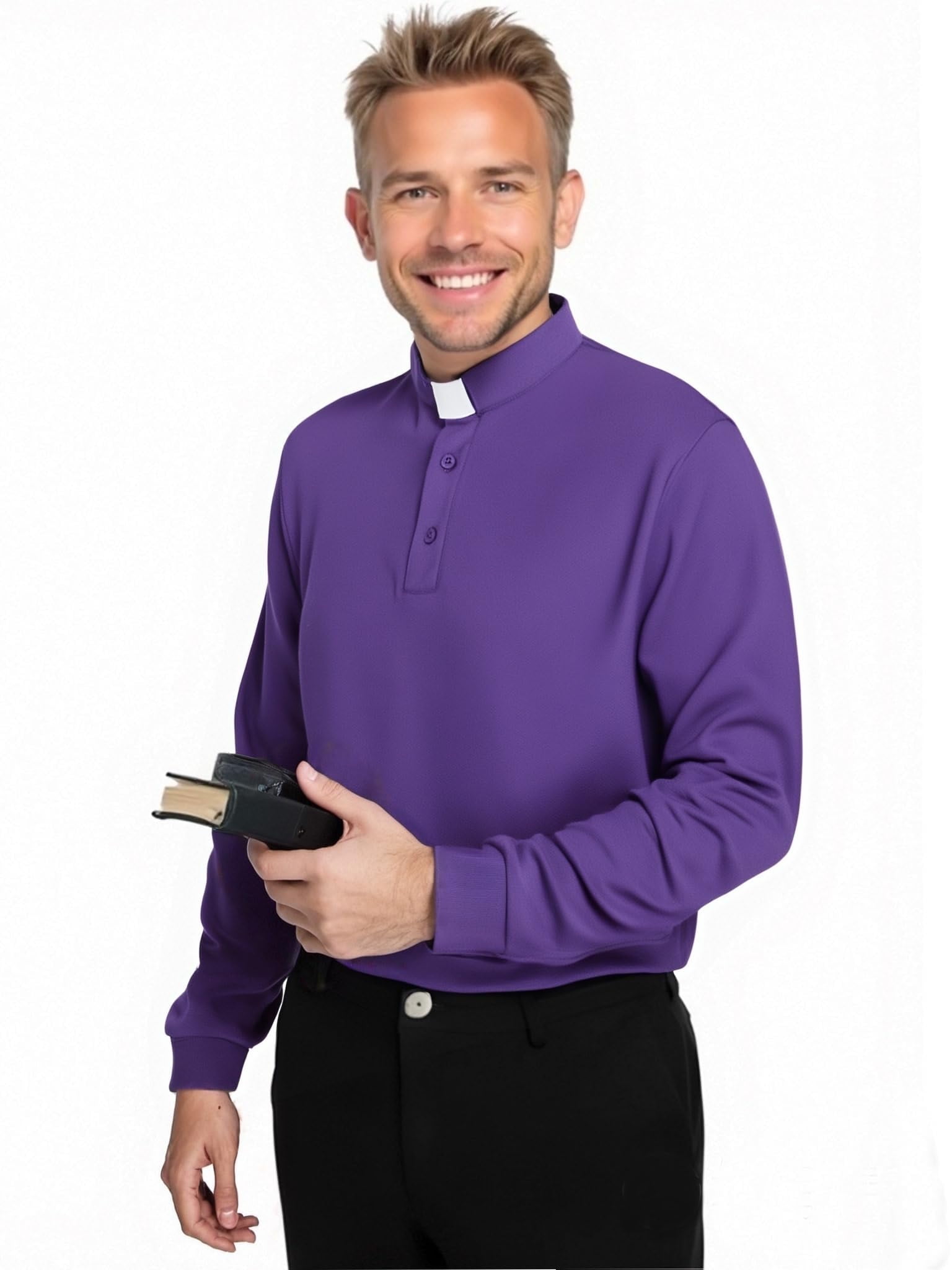 BLESSUME Men's Clergy Tab Collar Polo Shirt Long Sleeve Pastor Minister ...