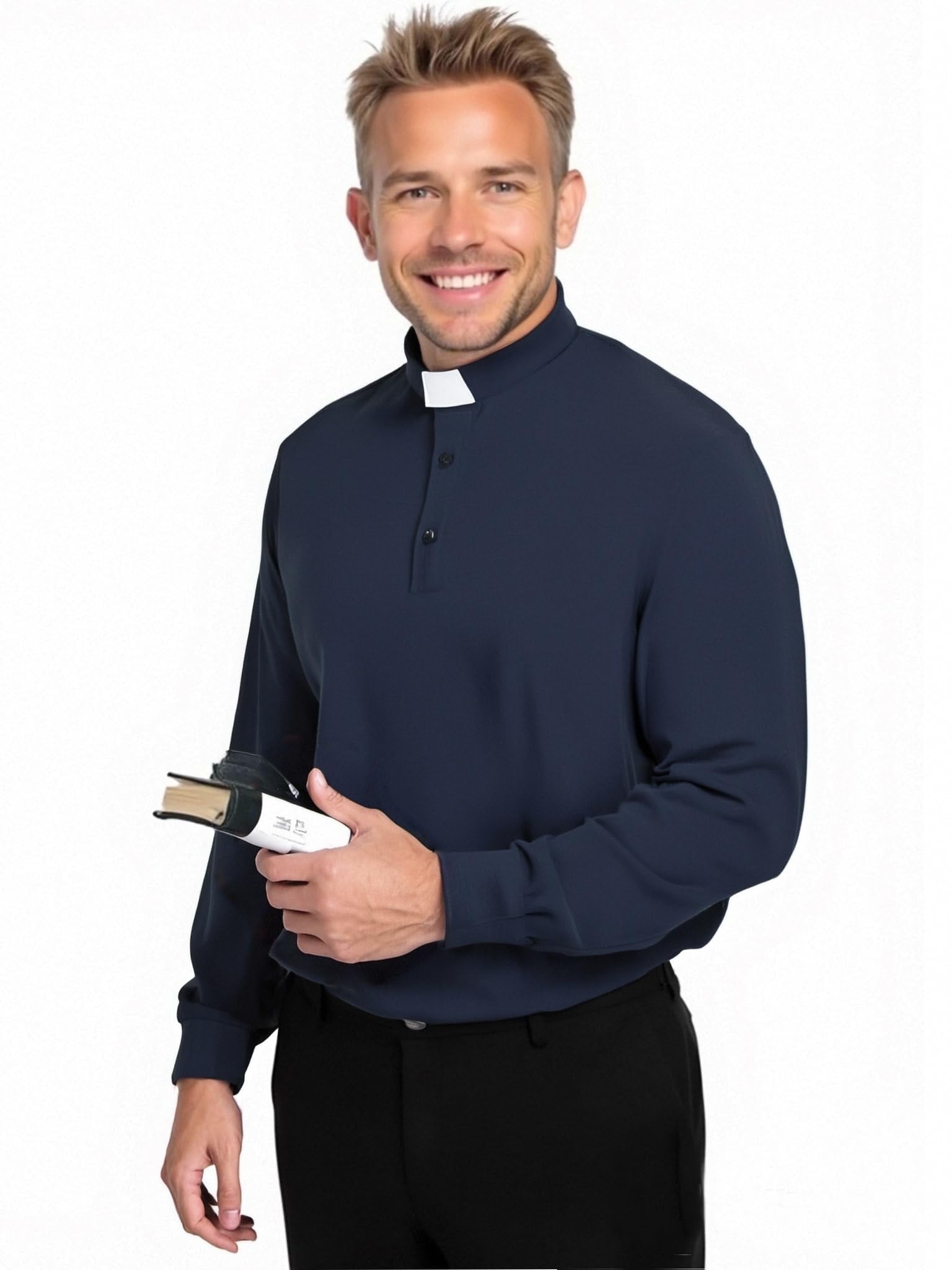 BLESSUME Men's Clergy Tab Collar Polo Shirt Long Sleeve Pastor Minister ...