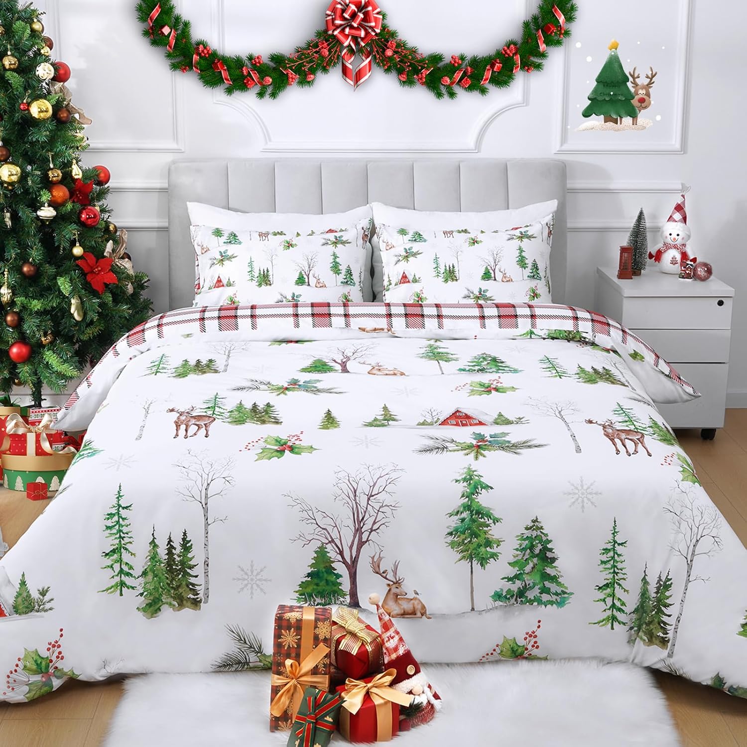 BLEUM CADE 3 Piece Christmas Duvet Cover Queen Size,Xmas Tree Elk ...