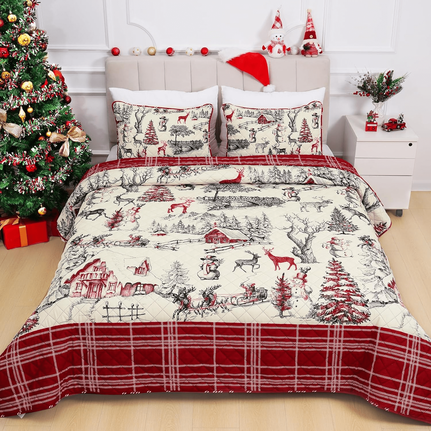 BLEUM CADE 3 Piece Christmas Reversible Quilt Set Queen Size, Red Plaid ...