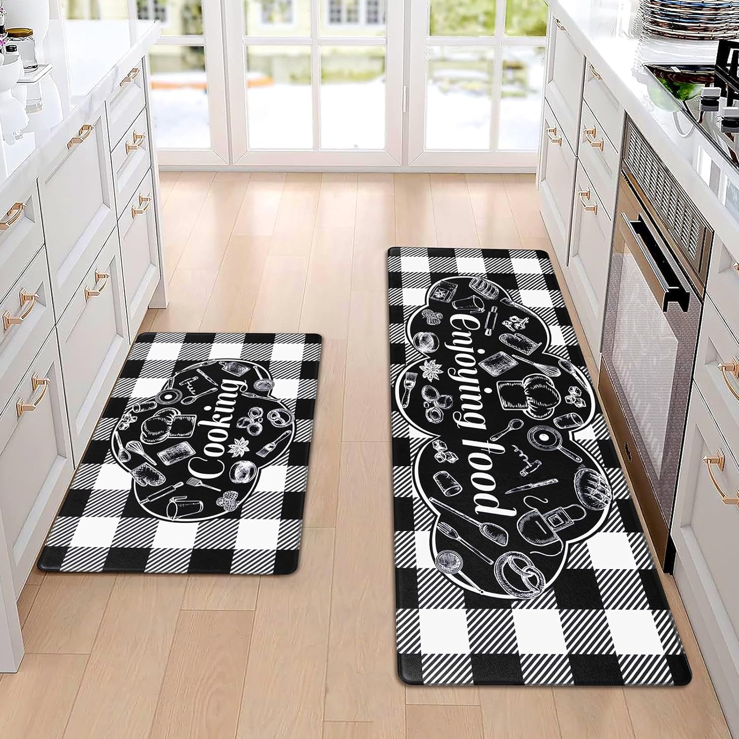 Buffalo Plaid Check Kitchen Rug Mat Set of 2 Black and White Farmhouse ...