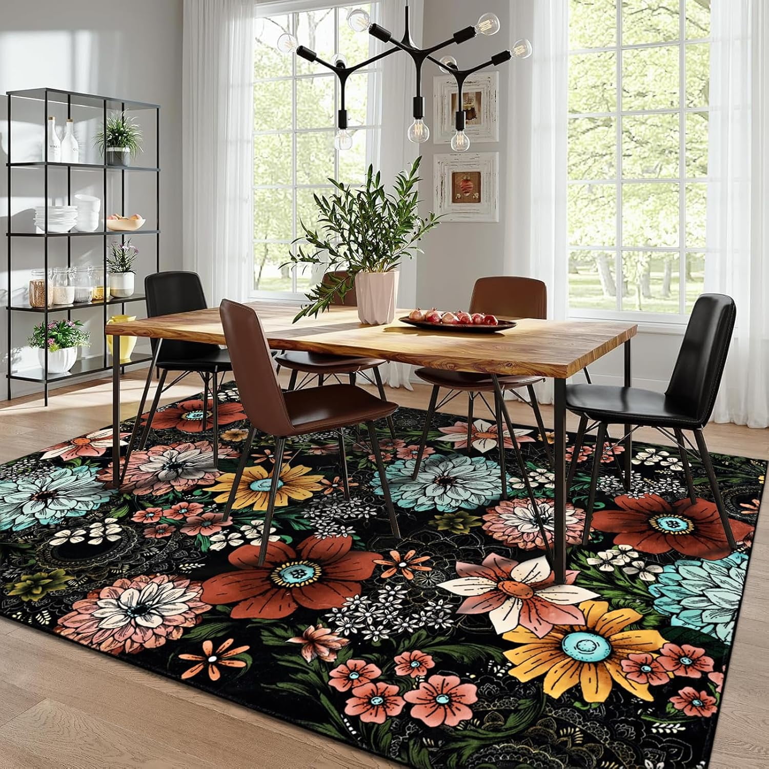 BLEUM CADE Boho Floral Area Rug 5x7 Washable Soft Faux Wool Rug Carpet ...