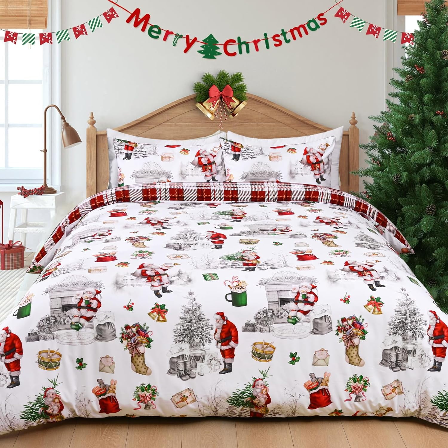 BLEUM CADE 3 Pieces Christmas Duvet Cover Set Queen Size Santa Claus ...