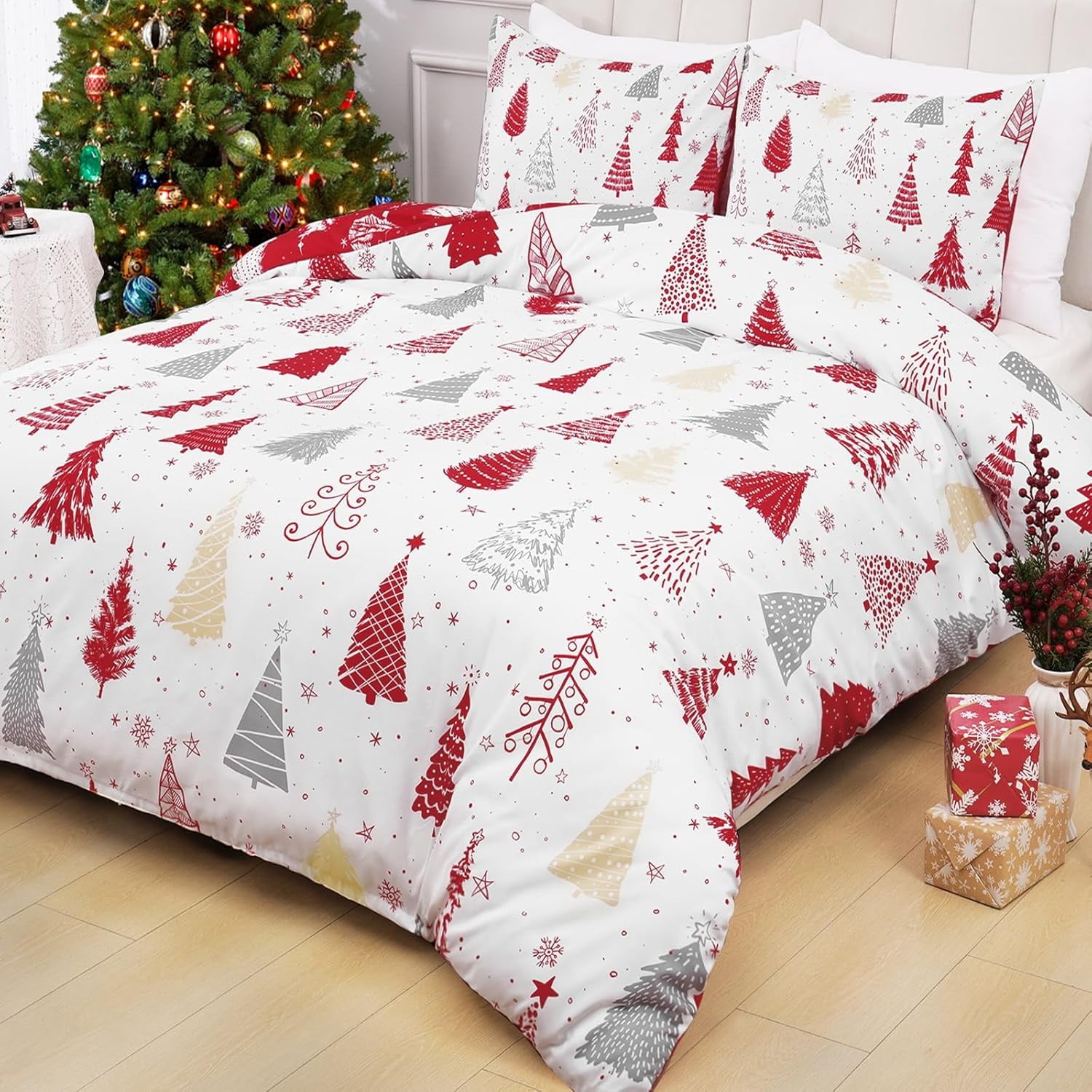 BLEUM CADE 3 Pieces Christmas Duvet Cover Queen Size,Xmas Tree ...