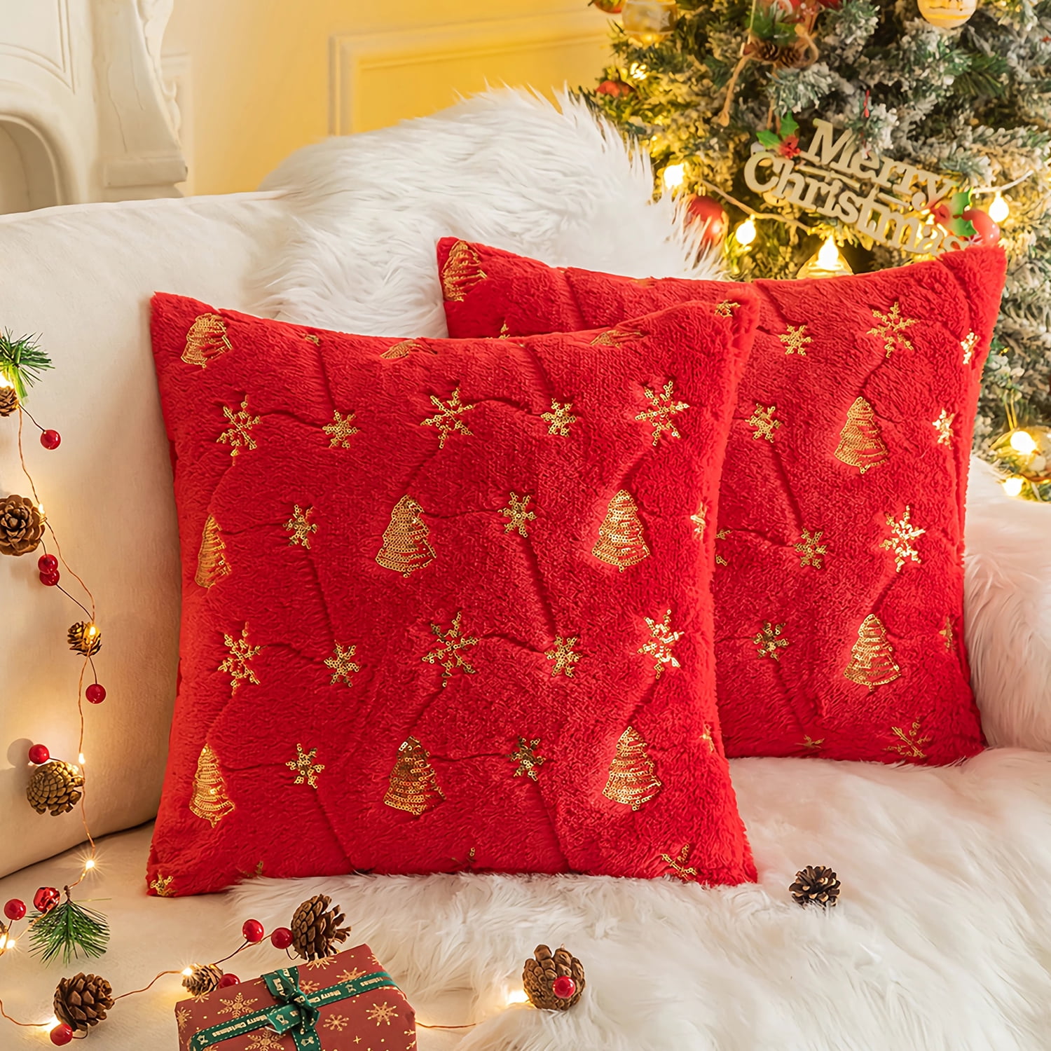 BLEUM CADE Christmas Red Short Plush Gold Sequin Christmas Tree Pillow ...