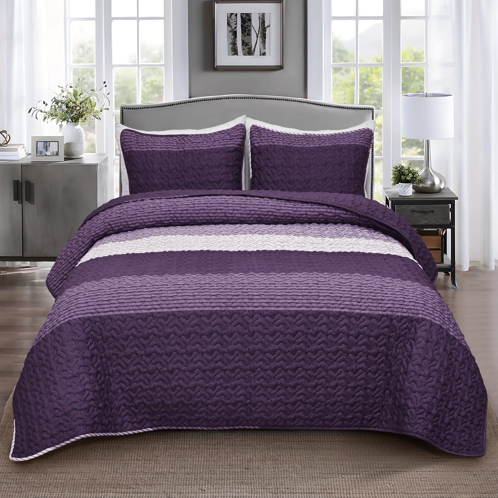 BLEUM CADE Reversible 3 Piece Twin Quilt Set with 2 Shams,Purple ...