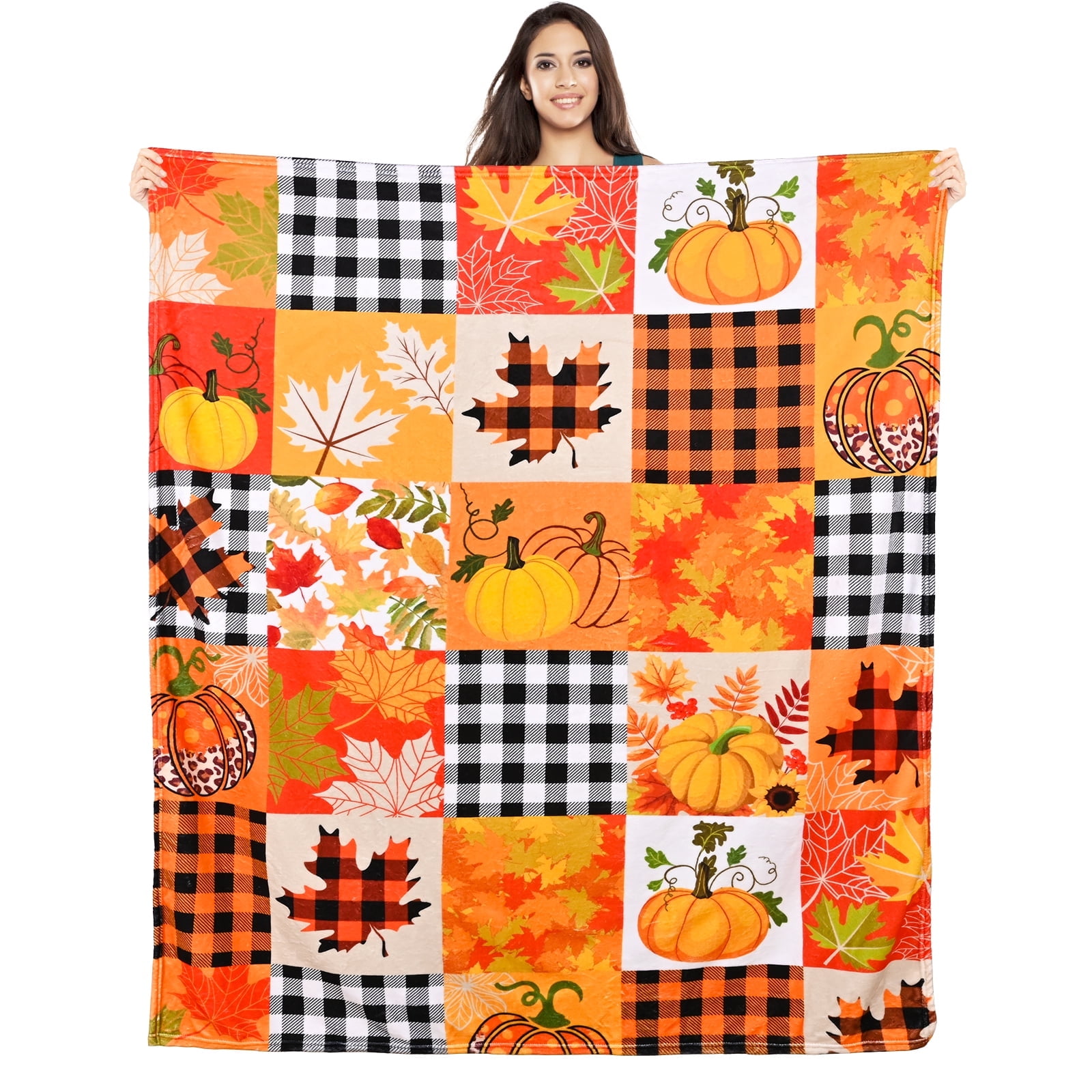 BLEUM CADE Fall Throw Blanket,Pumpkin Maple Leaves Plaid Blanket,Super Soft Flannel Throw ...