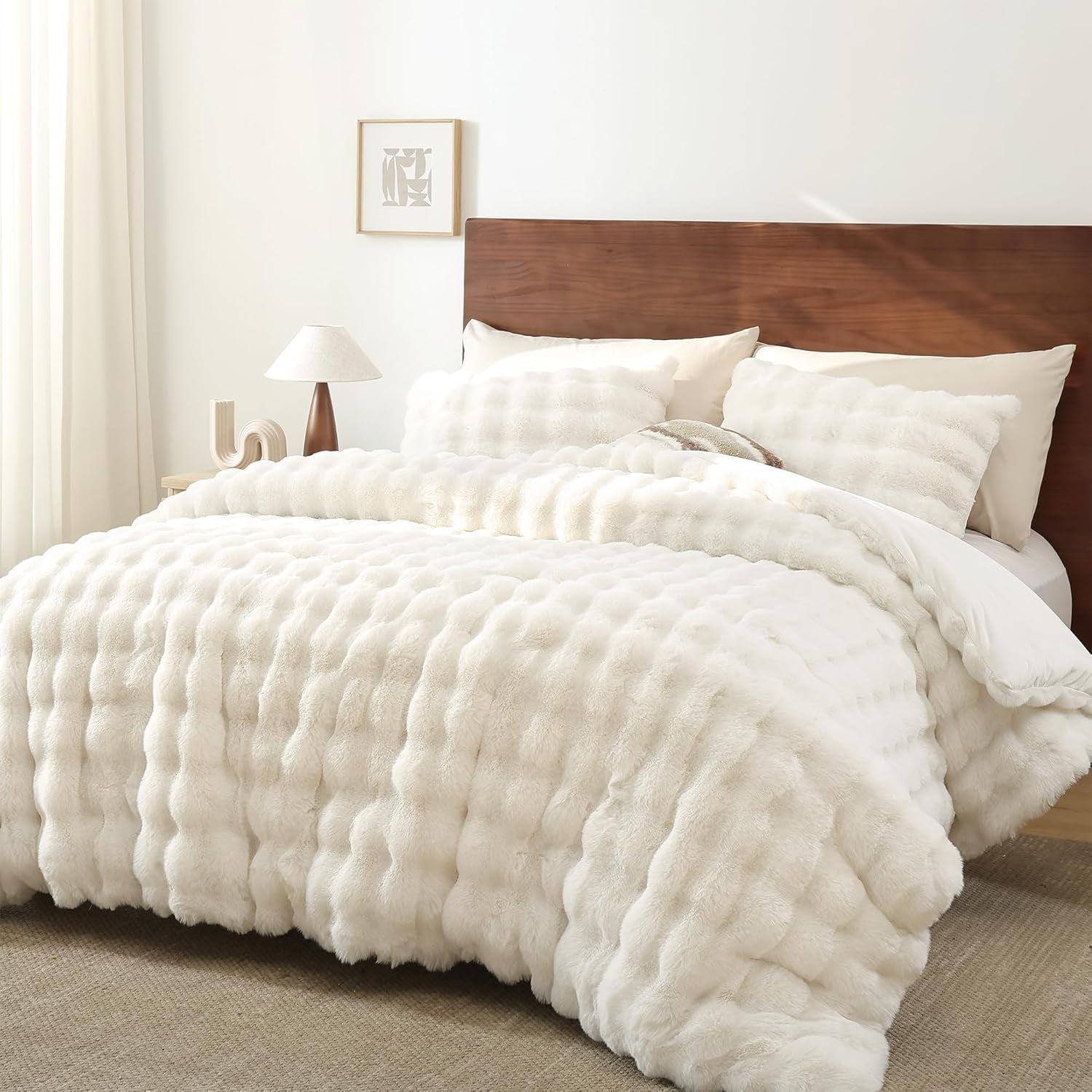 BLEUM CADE Faux Fur Comforter Set Queen Size Off-White,3 Piece Fluffy Fuzzy Soft Bedding Set ...