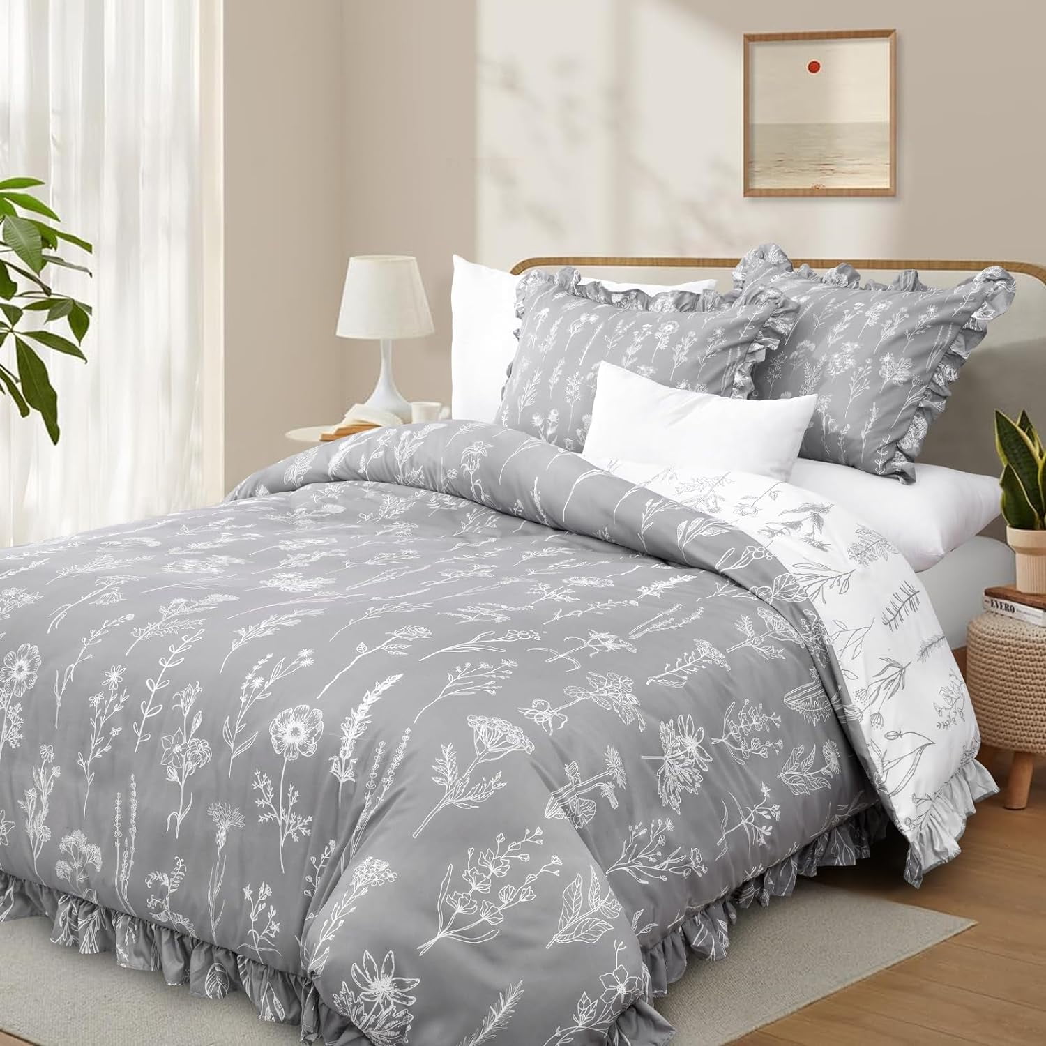 BLEUM CADE Floral Duvet Cover Set King Size 3 Pieces Grey Ruffle ...
