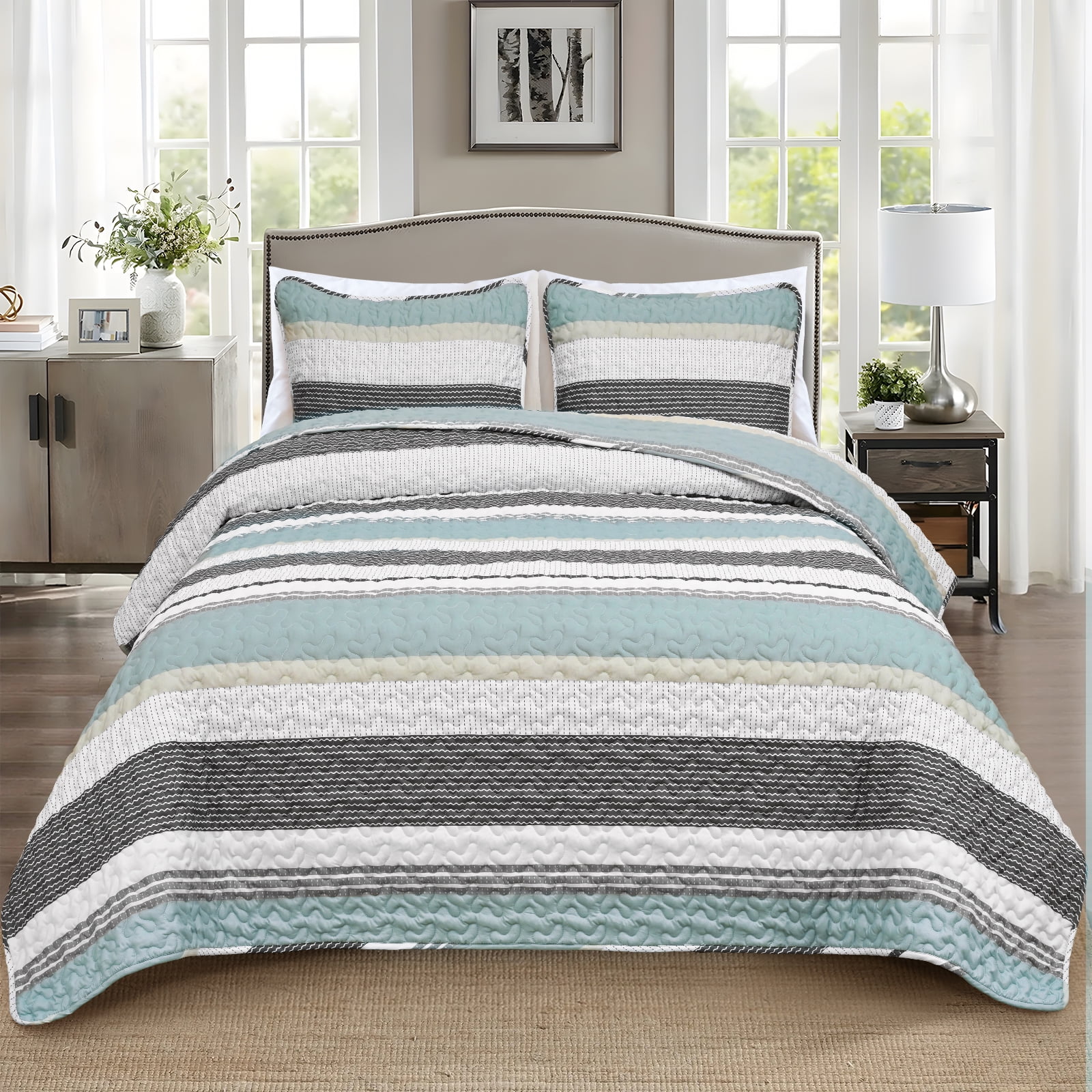 BLEUM CADE 3 Piece King Quilt Set with 2 Shams,Green Lightweight ...