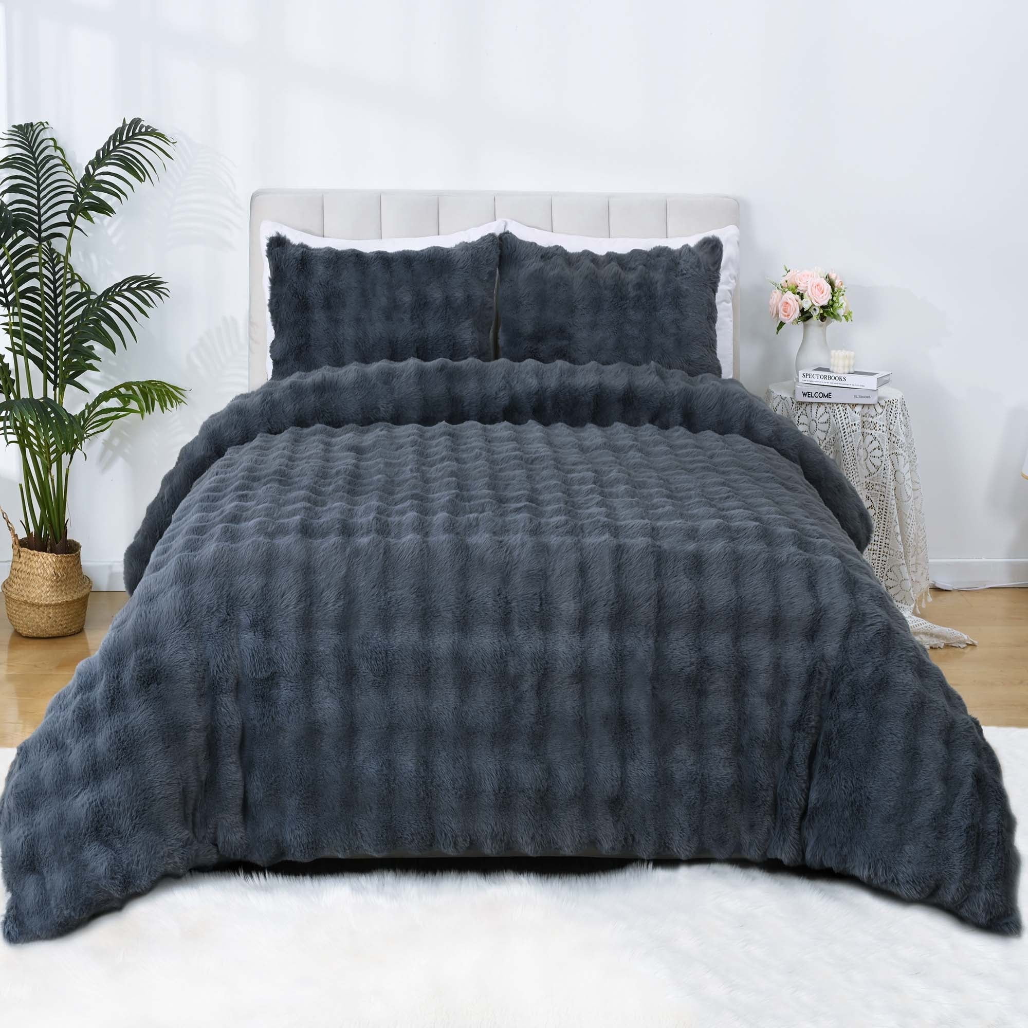 BLEUM CADE Fluffy Comforter Set King Size,Faux Fur Luxury Fuzzy Bedding ...