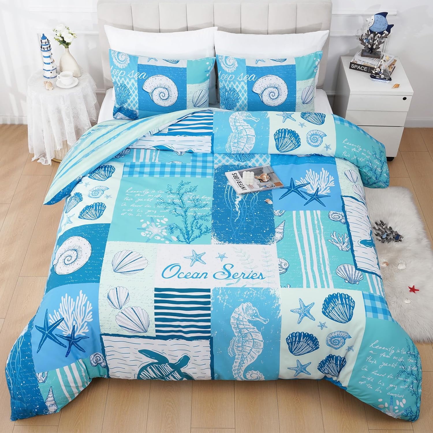 BLEUM CADE Queen Size Duvet Cover Set 3 Piece Blue Ocean Comforter ...