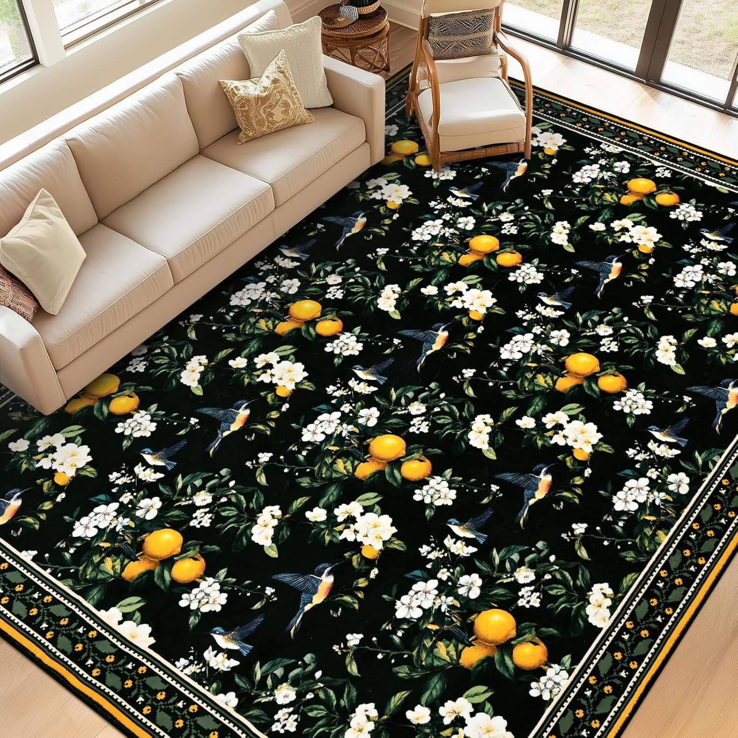 BLEUM CADE Vintage Floral Area Rug 8x10 Hummingbird Washable Non Slip ...