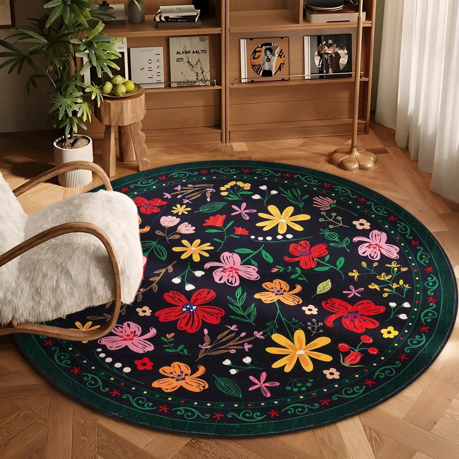 BLEUM CADE Round Area Rug for Bedroom,Flower Spring Rug Machine ...