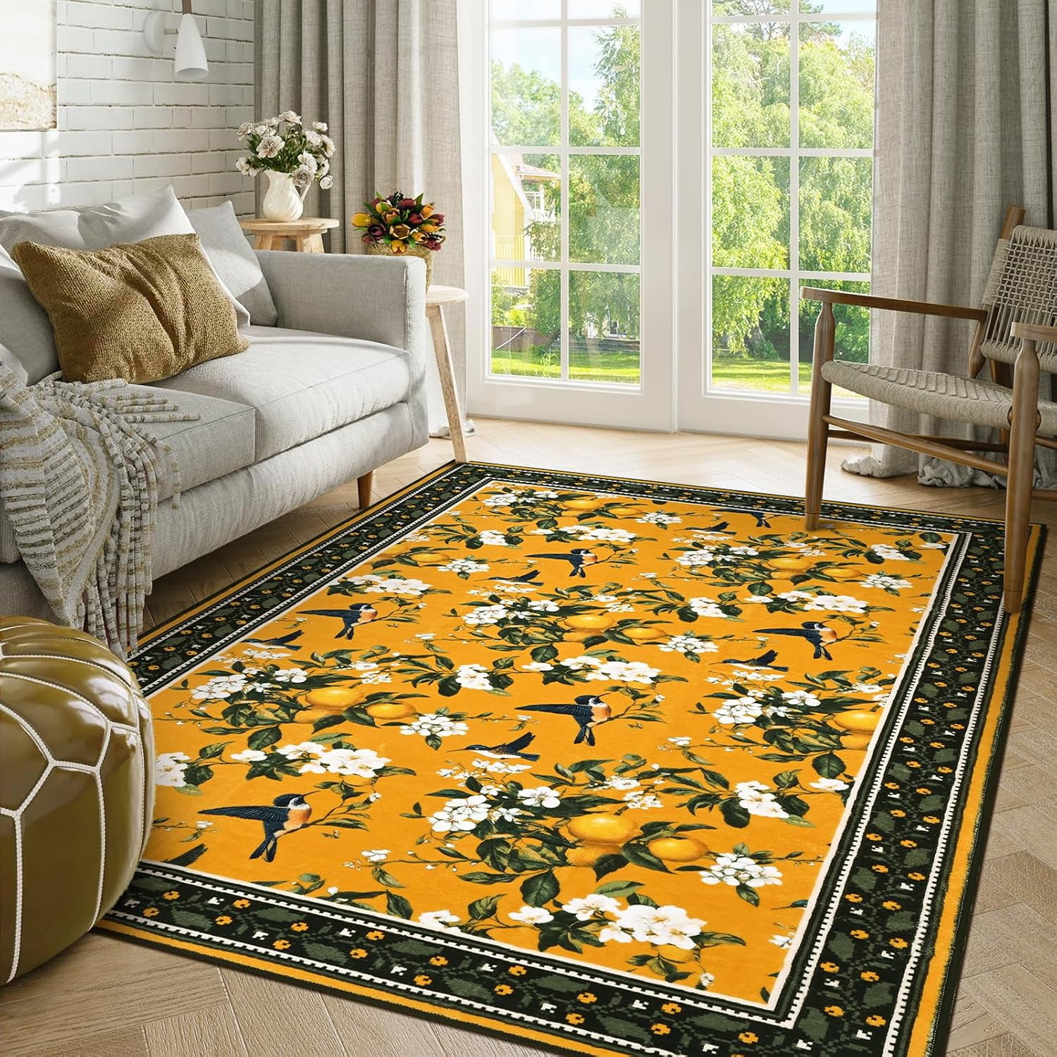 BLEUM CADE Yellow Floral Area Rug 3x5 Hummingbird Foldable Vintage Rug ...
