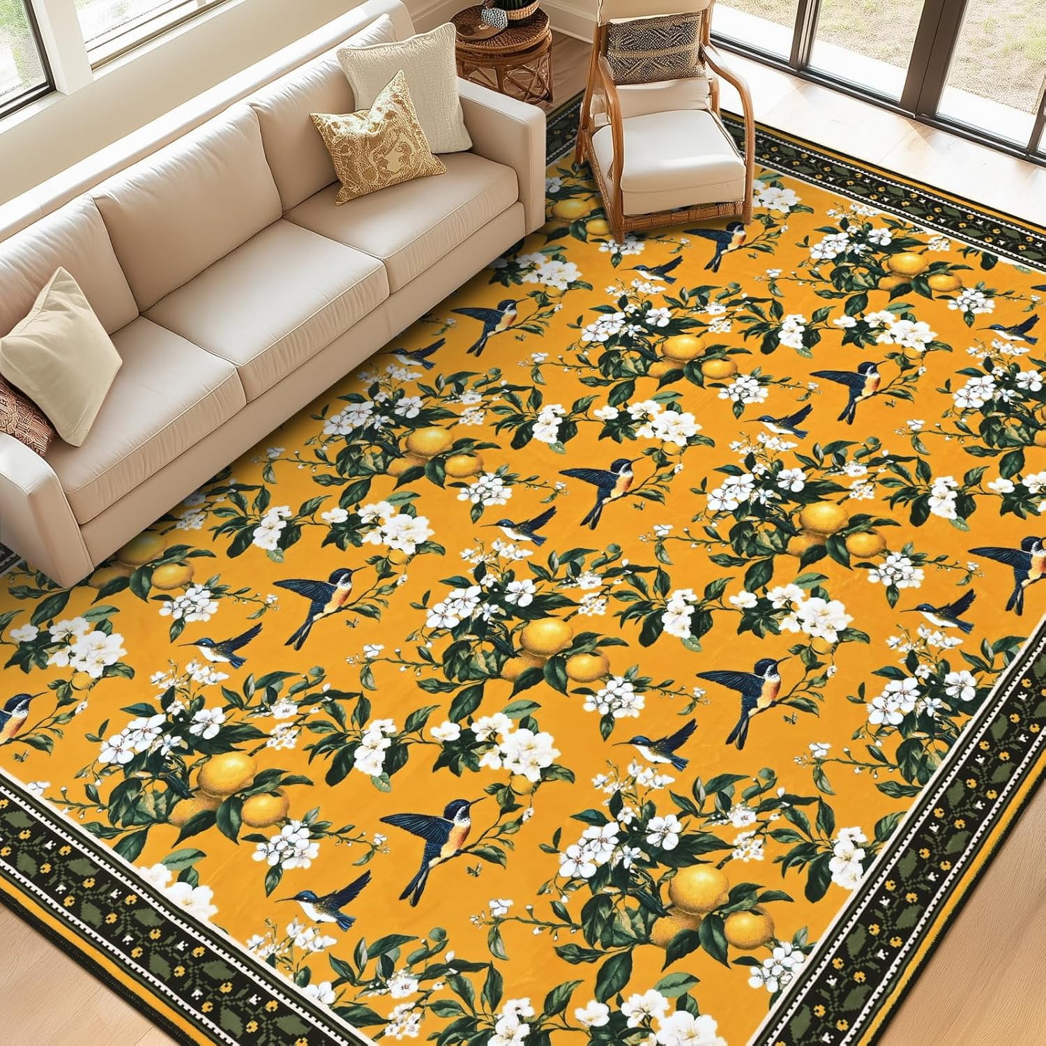 BLEUM CADE Yellow Floral Area Rug 8x10 Hummingbird Foldable Vintage Rug ...