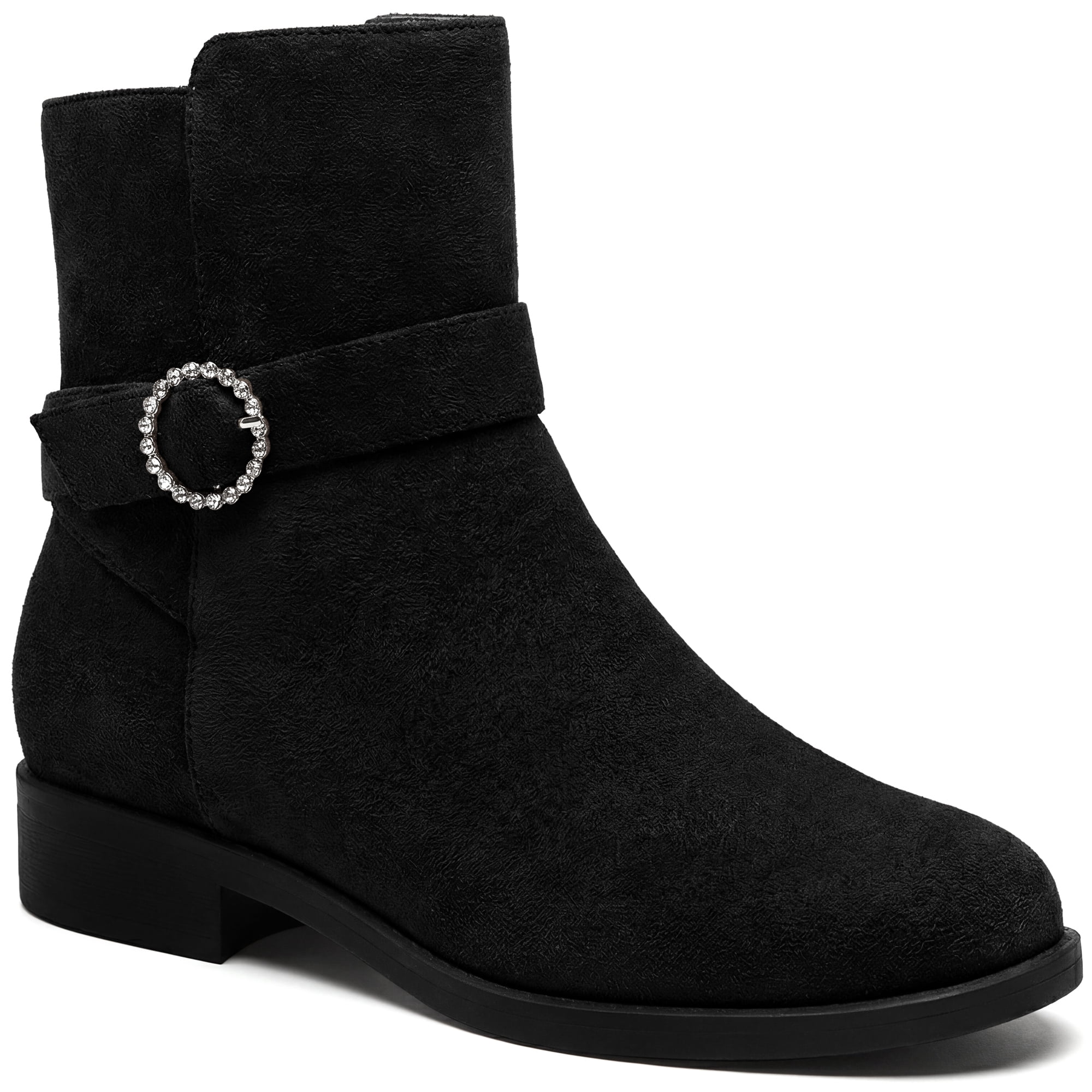 BLISSFUL STEP Rhinestone Buckle Low Block Heel Flat Short Ankle Boots ...