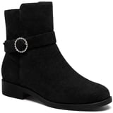 BLISSFUL STEP Rhinestone Buckle Low Block Heel Flat Short Ankle Boots ...