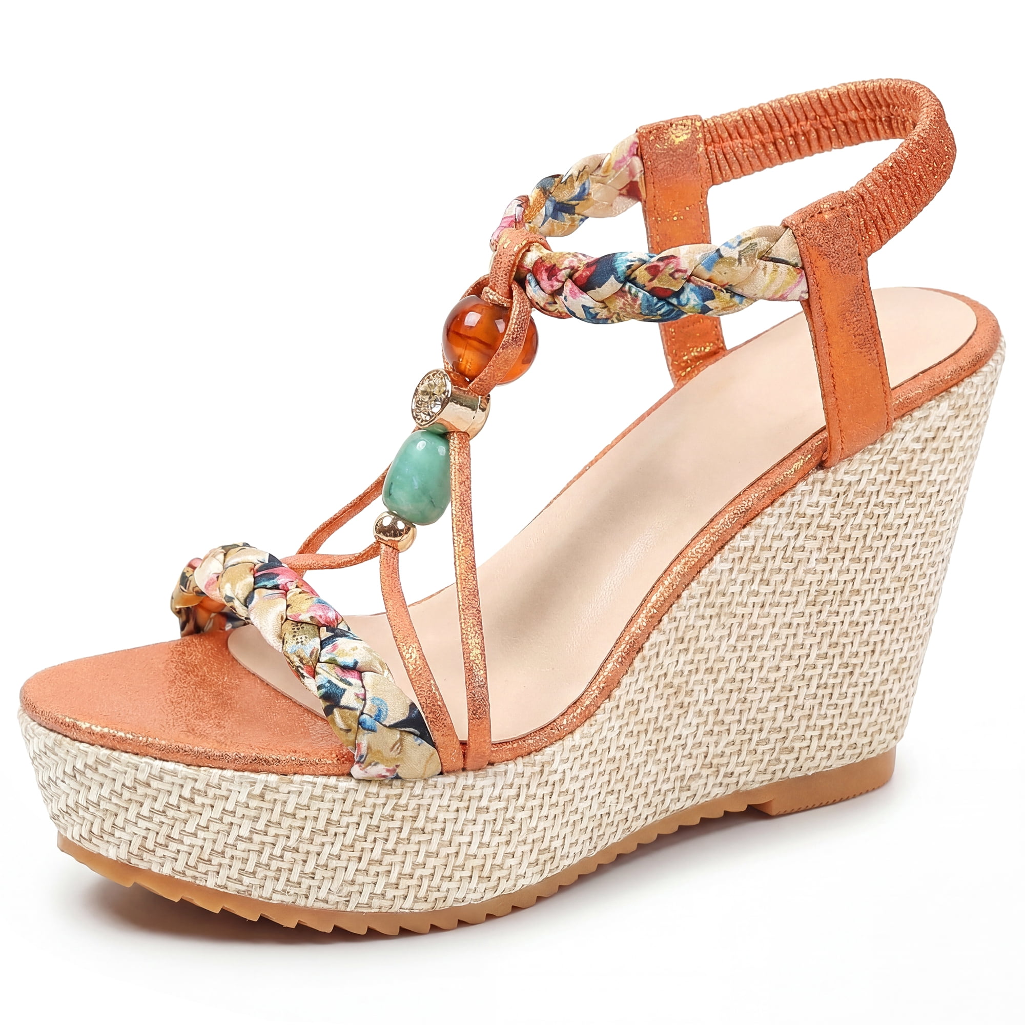BLISSFUL STEP Women's Beaded T-strap Platform Elastic Peep-toe Sandals ...